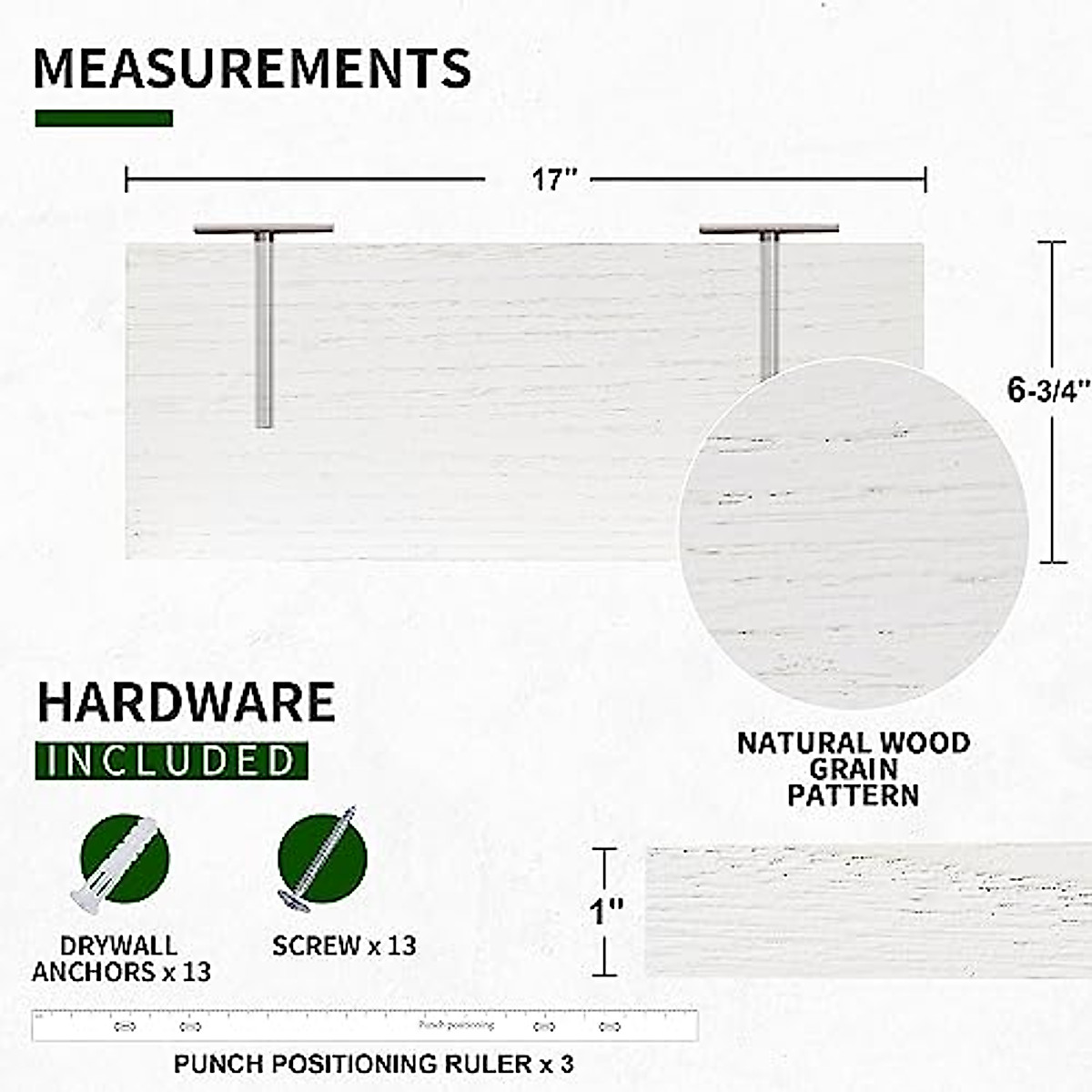 Marsmiles White Floating Shelves, 17 Inch Wall Shelf Set of 3, Rustic Wood Shelves for Wall Storage, Wall Mounted Wooden Display Shelf for Bathroom Bedroom Kitchen Garage, Washed White