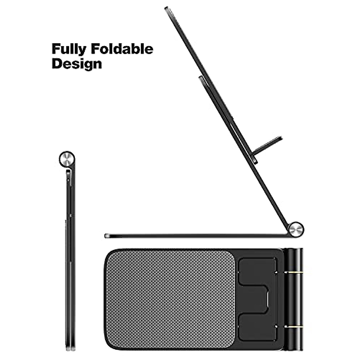 MEISO Cell Phone Stand, Fully Foldable Phone Holder for Desk, Desktop Mobile Phone Cradle Dock Compatible with iPhone, Samsung Galaxy, iPad Mini, Tablets Up to 10” (Black)
