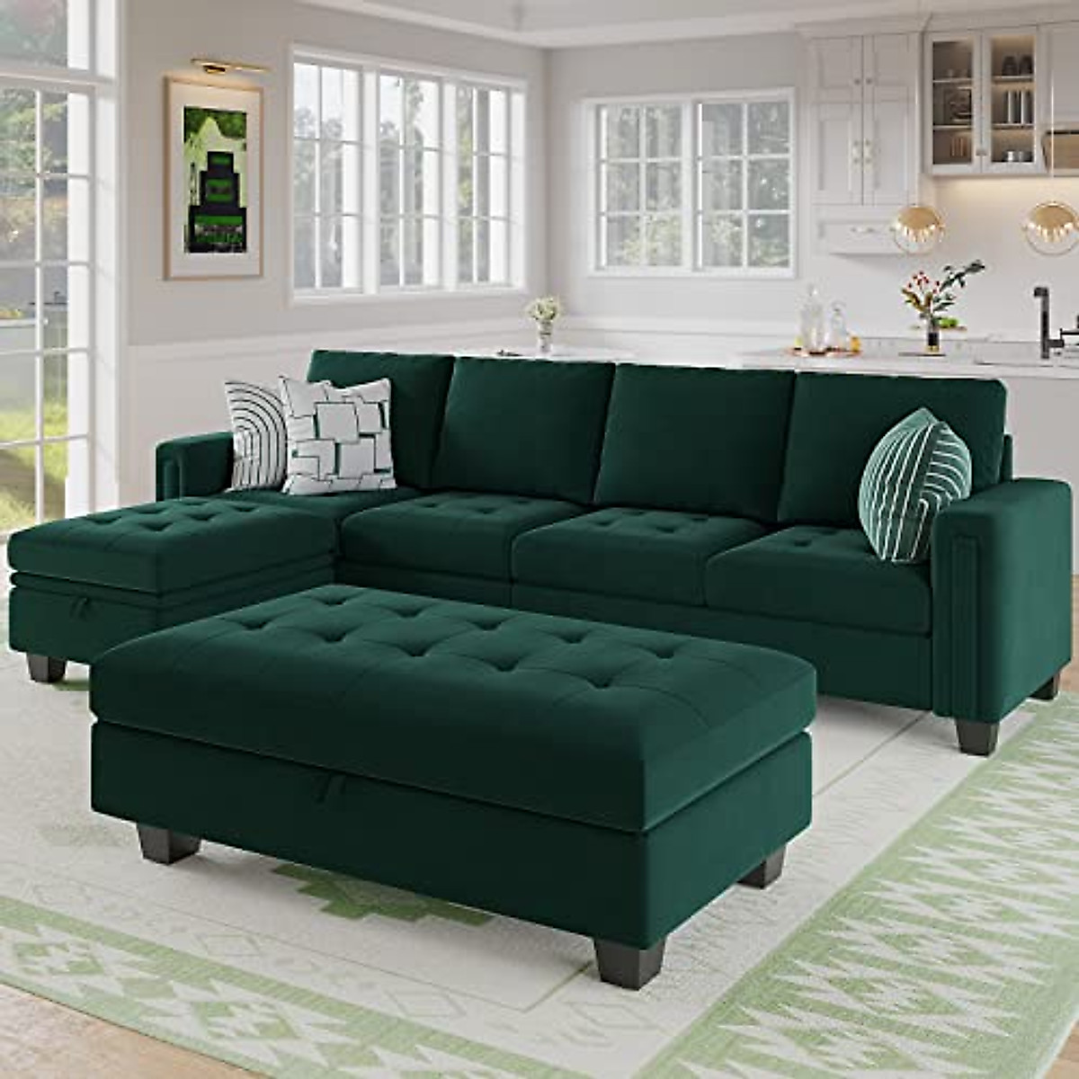 Belffin Velvet Convertible 4-Seat Sectional Sofa with Reversible Chaise L Shaped Sofa Couch Furniture Sets Sectional Couch with Storage Ottoman Green