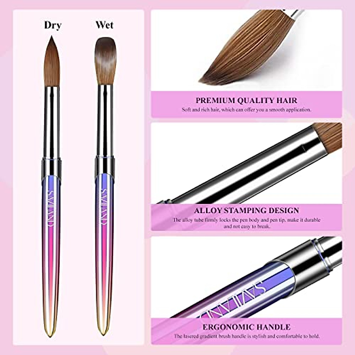 Saviland 11PCS Kolinsky Acrylic Nail Brush set - Size 4/6/8/10/12/14/16 Acrylic Powder Brushes for Acrylic Nails Extension & 3D Nail Carving