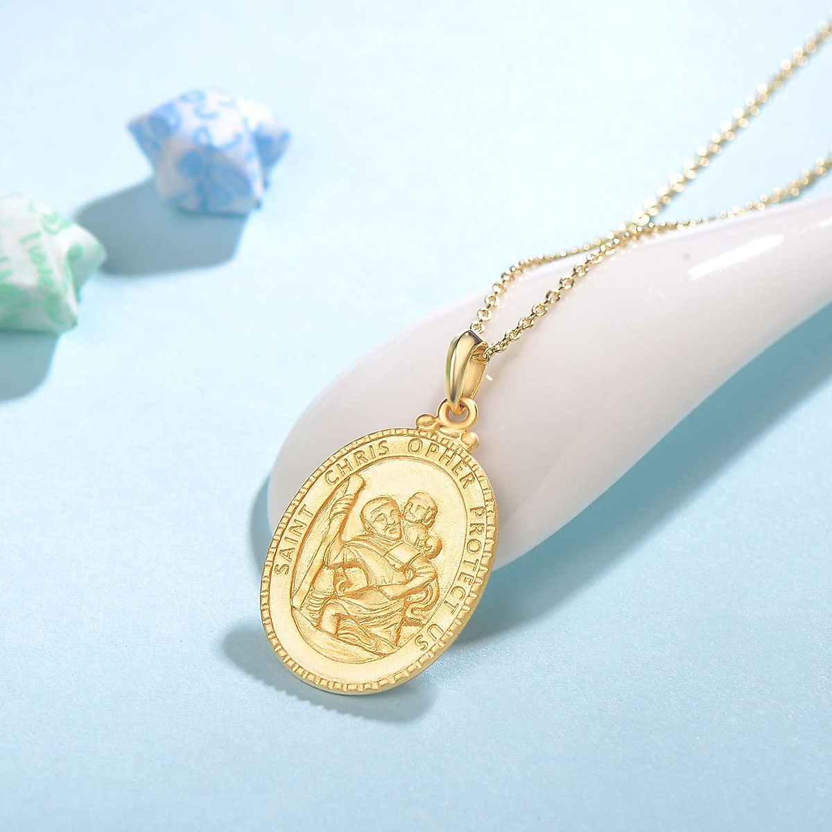 FANCIME Saint Christopher Pendant 925 Sterling Silver Yellow Gold Plated Round Coin Medal Necklace Jewelry Gift for Women, 16" + 2" Chain with Lobster Clasp