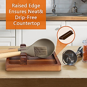 Acacia Wood Utensil Rest with Drip Pad for Multiple Utensils, 4 Slots Available, BPA-Free Spoon Rest & Spoon Holder for Stove Top, Kitchen Utensil Holder for Ladles,Turner,Brush,Spatula& More