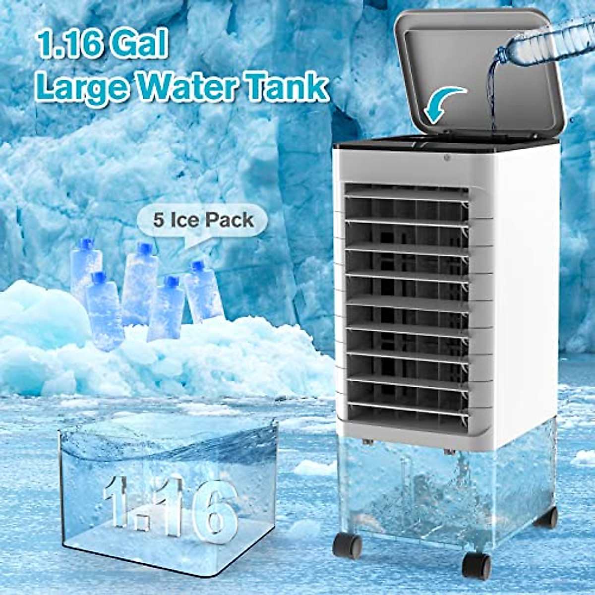 Portable Air Conditioners, 3-IN-1 Evaporative Air Cooler with Remote, 3 Modes 3 Speeds &12H Timer, 1.16Gal Portable AC, 5 Ice Packs & 4 Wheels, 45° Oscillation, Quiet Swamp Cooler for Room Home Office