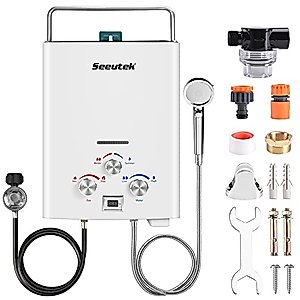 Seeutek Portable Water Heater 1.6GPM/6L, Outdoor Propane Gas Tankless Water Heater, On Demand Water Heater for RV Camping, Instant Hot Water for Shower Overheating Protection White