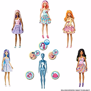 Barbie Color Reveal Doll with 7 Surprises: 4 Mystery Bags Contain Surprise Wig, Skirt, Shoes & Sponge; Water Reveals Metallic Blue Doll’s Look & Creates Color Change on Face & Wig