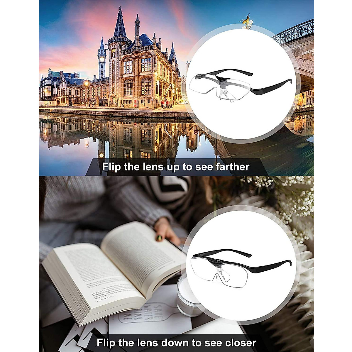 SKYWAY 160% Magnifying Glasses with LED Light, Rechargeable Lighted Magnifier Eyeglasses for Reading Small Prints Labels, Close Work, Needlepoint Sewing Crafts Hobbies Hands Free 2-Pack 1.6X