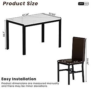 DKLGG Marble Dining Table Set for 4, 5-Piece Faux Marble Kitchen Table and Chairs for 4, Space Saving Dining Room Table Set w/4 Upholstered PU Leather Chairs, Ideal for Dining Room, Kitchen, Corner