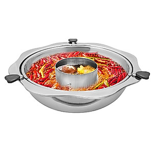 Leblett Stainless Steel Shabu Shabu Hot Pot And Filter Grid Combo,14“ Inner Dia Large Lifting Hot Pot W/Lifting Strainer,Fit Induction Cooktop Gas Stove Ceramic Stove,for 8-12 Persons(w/Small Pot,A)