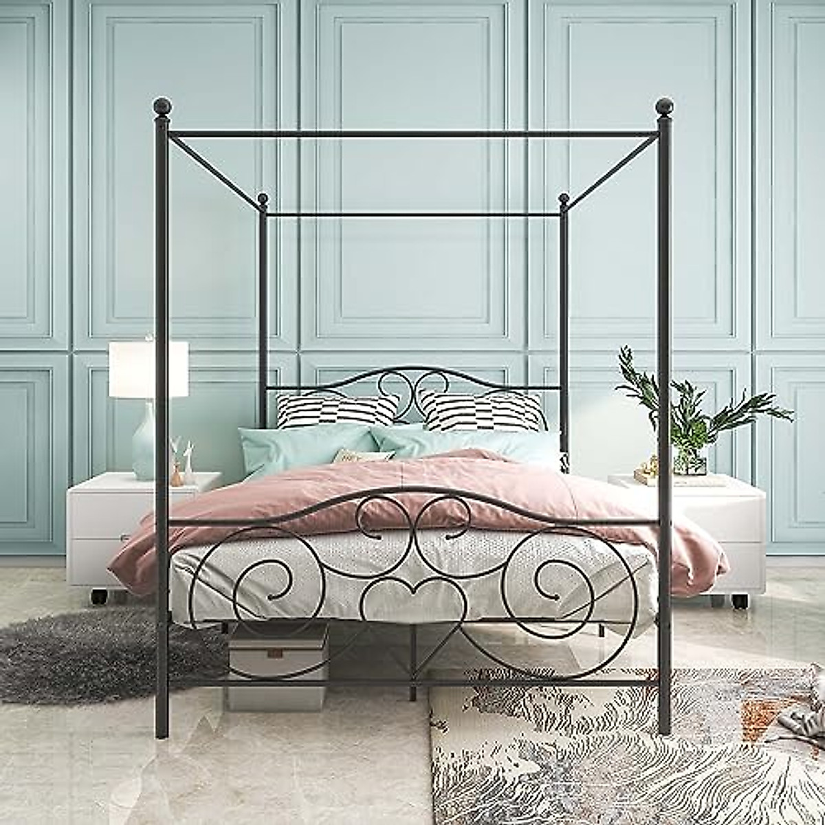 TMEOSK Queen Size Metal Canopy Platform Bed Frame with European Headboard & Footboard, Sturdy Steel Under-Bed Storage Space, No Box Spring Needed for Boys Girls Teens Adults, Four-Poster Canopied Bed