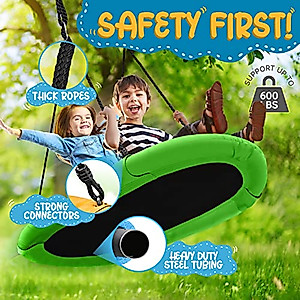 SereneLife Outdoor Spinner Saucer Tree Swing-Hanging Tree Oval Shaped Flying Saucer w/Rope Straps,Cushion Padded Metal Frame,Polyester Fabric Seat,for Kids & Adult-SereneLife SLSOVSWNG55GR (Green)