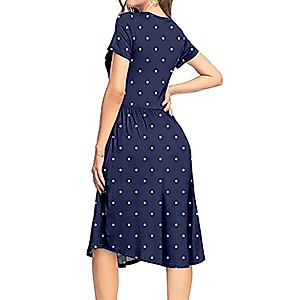 YUNDAI Ladies Knit Cotton Polka Dot Teacher Flowy Swing Knee Length Dress Medium, Dot Navy
