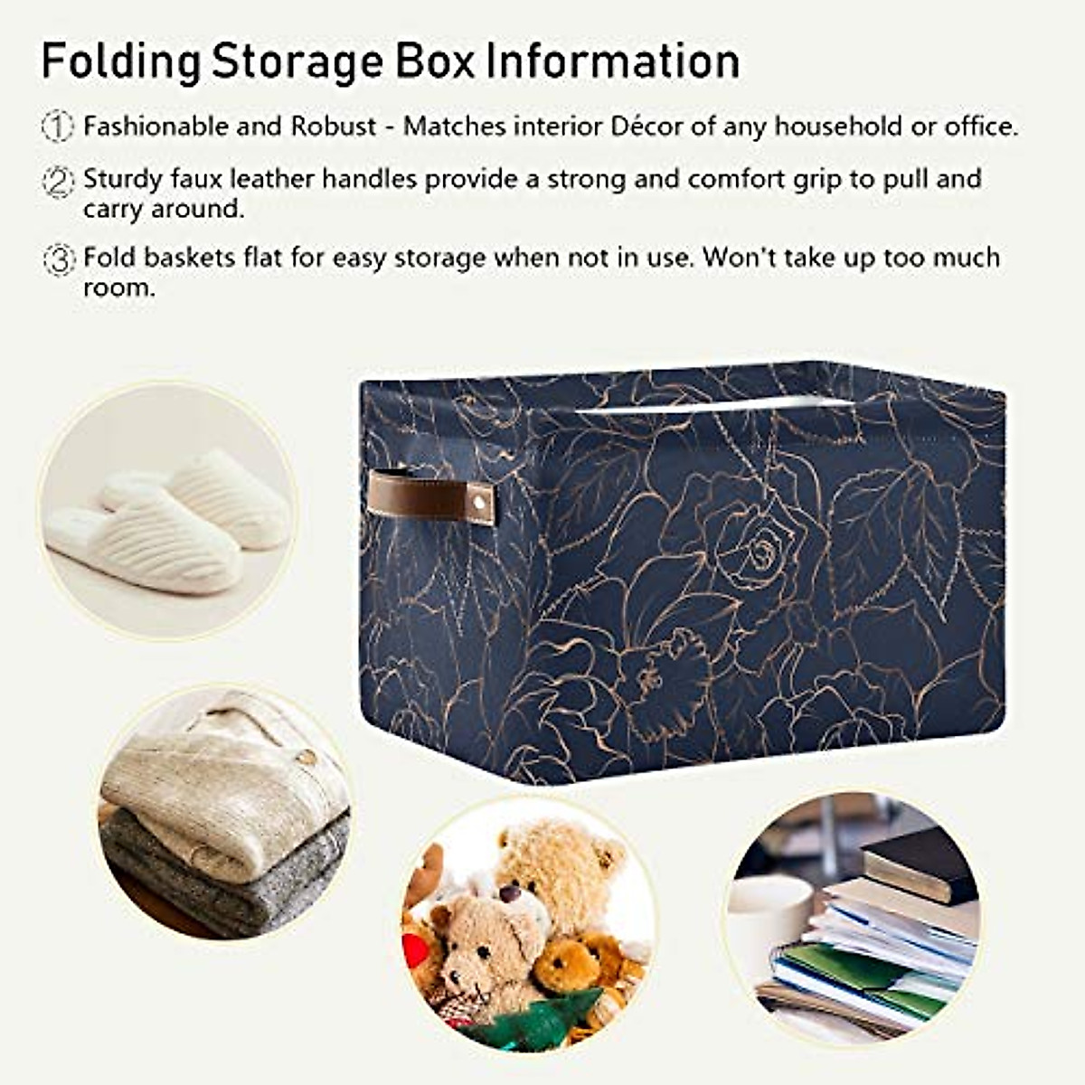 AGONA Navy Blue Gold Rose Peony Floral Foldable Storage Bin Large Collapsible Fabric Storage Box Organizer Containers Baskets with Leather Handles for Shelves Home Bedroom Organizer Nursery Office 2 P