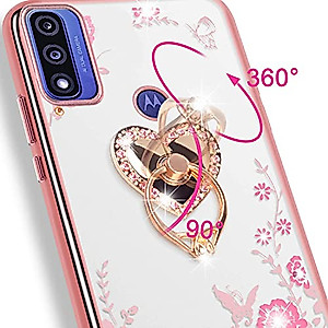 B-wishy for Motorola Moto G Pure Phone Case,Moto G Power 2022 Case for Women, Glitter Butterfly Heart Floral Slim TPU Protective Cover with Kickstand+Strap for Moto G Play 2023(Rose Gold)