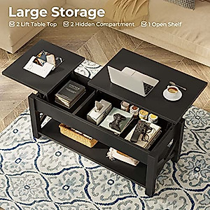 Rolanstar Coffee Table 47.2", 2 Way Lift Top Farmhouse Center Table with Hidden Compartment, Open Shelf & X Wooden Support for Living Room, Black