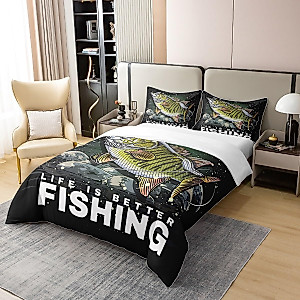 jejeloiu Big Pike Fish Duvet Cover 100% Cotton Bass Big Fish Bedding 100% Cotton Set Fishing and Hunting for Children Microfiber Fisherman Fish Man Duvet Set Room Decor Quilt Cover Full Zipper