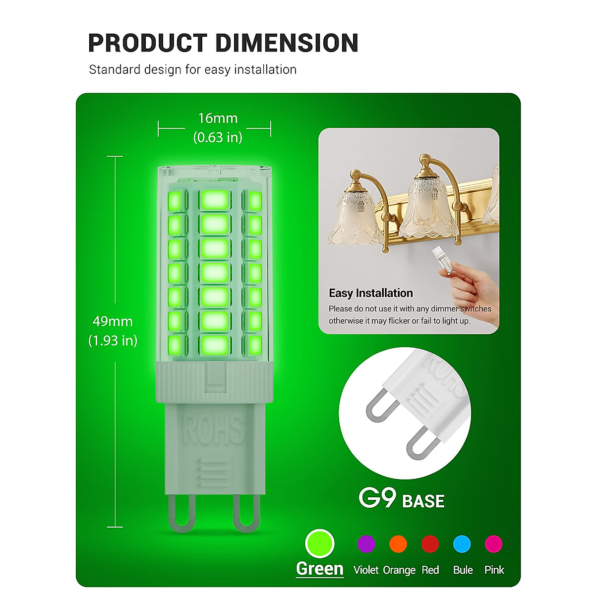 G9 LED Bulbs Green Light,JandCase Green Light Bulbs 5W 40W Halogen Equivalent,LED Green Lights G9 Base,Decorative Lighting Bulbs for Crystal Chandelier Fixture,Halloween,Christmas Home Lighting,5 Pack