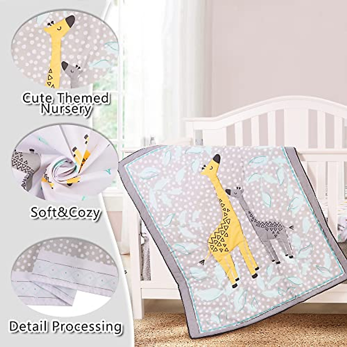 Honkaii Crib Bedding Set for Boys or Girls 3 Piece, Crib Sheet, Crib Skirt, Crib Comforter Included, Grey Crib Set for Boys, 100% Cotton Baby Nursery Bedding Decor, Jungle Giraffe Theme
