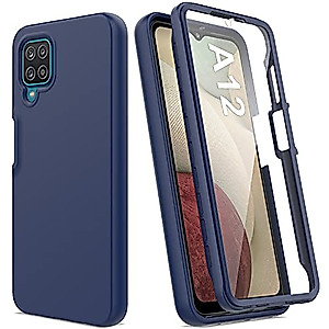 for Samsung Galaxy A12 Case with Built-in Screen Protector, Full Body Protection Shockproof Cover Case, [Rugged PC Front Bumper + Soft TPU Back Cover] Armor Protective Phone (Navy Blue), GTPY-SA12-B