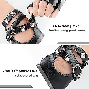 Fingerless Leather Gloves, Half Finger Biker Punk Gloves (One size fits all) with Belt Up and Rivet Design for Halloween Costume Party