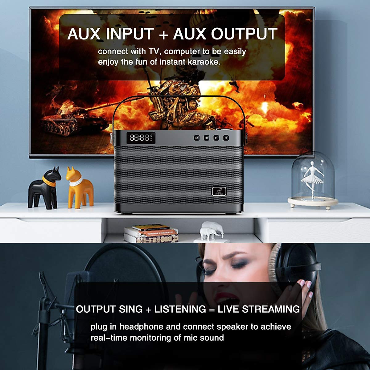 WinBridge Karaoke Machine with Wireless Microphones, Portable Bluetooth Speaker with Bass/Treble/Shoulder Strap, PA System with Remote Control, Professional Karaoke Speaker for Party T9