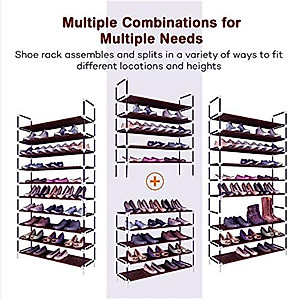 KAAYEE 10 Tiers Shoe Rack Storage Organizer Shelves 50 Pairs Stackable Shoes Racks (39.37 x 11 x 70.87) Non-Woven Fabrics & Steel with Handle (Black)