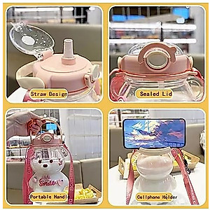 JRIQH Kawaii Bear Straw Bottle,Leak-Proof Water Bottle with Adjustable & Removable Shoulder Strap for Boy and Girls (pink)