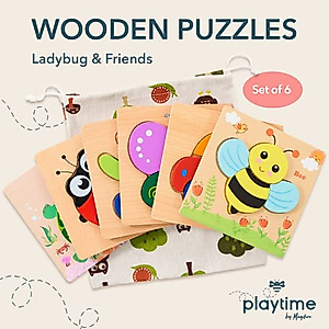 Playtime by Magifire Wooden Puzzles for Toddlers Set of 6: Early Developmental STEM Toy for Babies Aged 1-3 Years; Ladybug, Car, Bee, Teddy Bear, Butterfly, Turtle