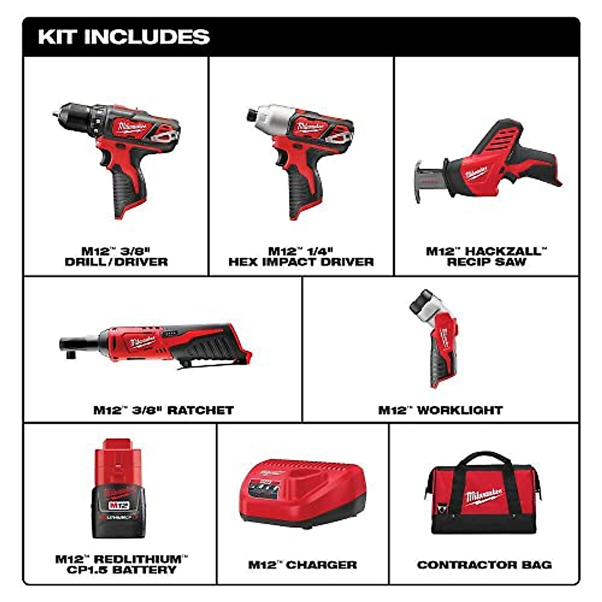 Milwaukee 2498-25 M12 12V Cordless 5-Tool Combo Kit: 2407-20 3/8 in.Drill/Driver + 2462-20 1/4 in. Hex Impact Driver+2420-20 Hackzall Recip Saw+2457-20 3/8 in.Ratchet+49-24-0146 LED Worklight,YKGAV