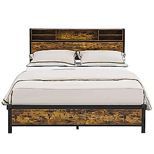 Alohappy Full Size Bed Frame with Bookcase Headboard, Metal Platform Bed Frame Full with Headboard Double Support Legs 13 Metal Slats Support,Easy Assembly Noise Free No Box Spring Needed