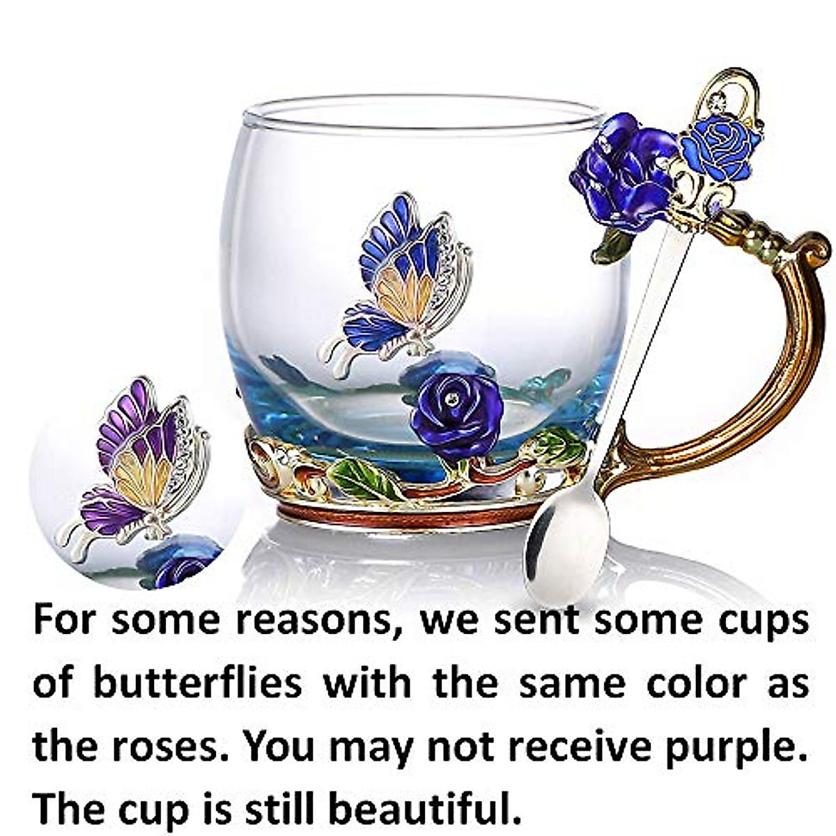 Tea Cup Glass Coffee Mugs Enamel Rose Flower Butterfly Drinking Cups with Spoon Set Unique Gifts for Birthday Wedding Christmas Blue Rose Mug 12oz