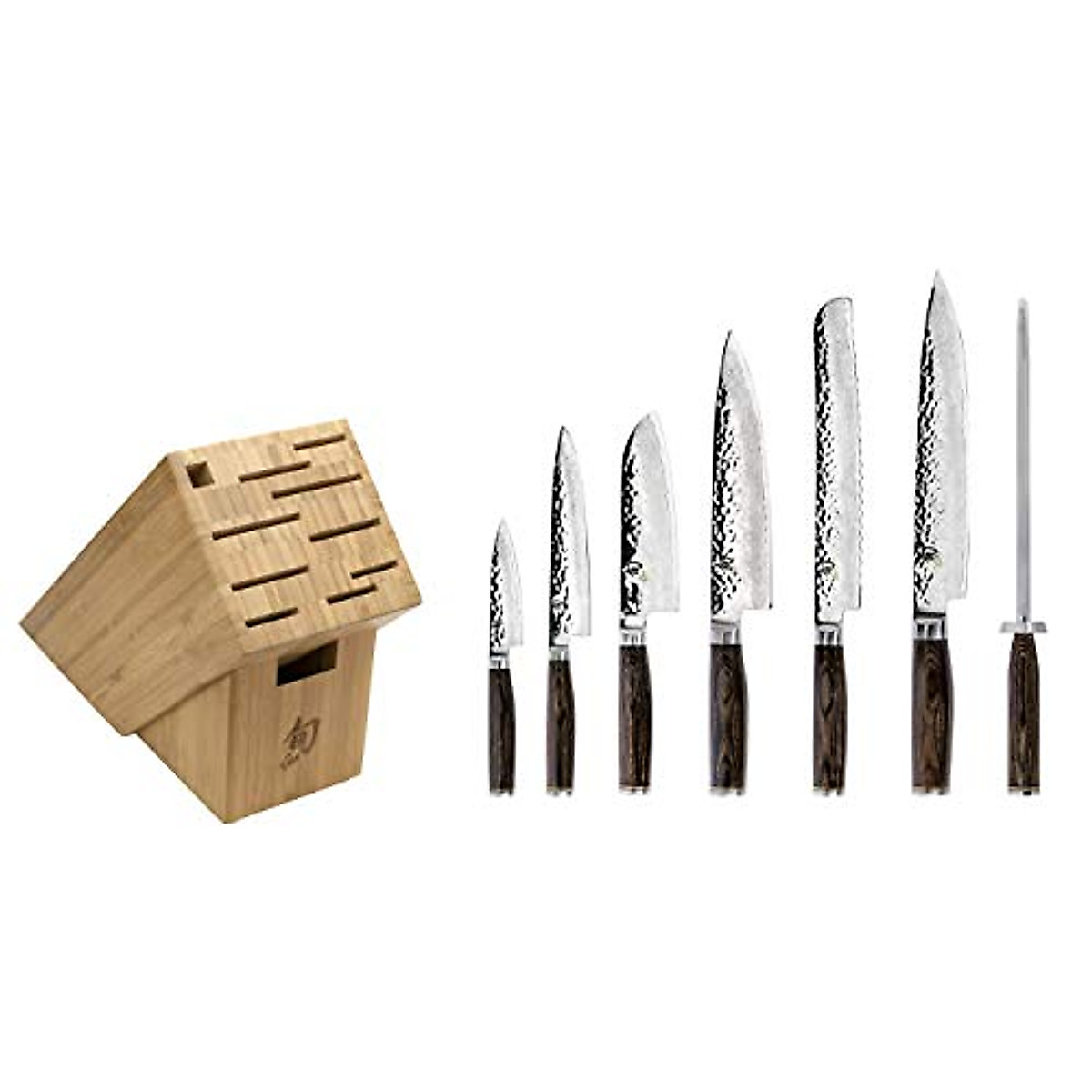 Shun Premier 8 Piece Professional Block Set, Features 6 Shun Premier Knives, Honing Steel and 11-Slot Bamboo Knife Block, Handcrafted Japanese Knife Set, Pakkawood Handles