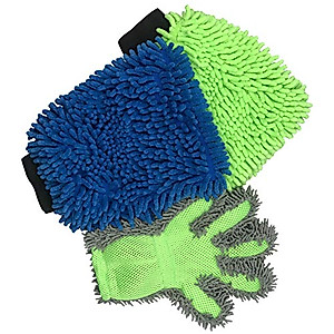 POLYTE Microfiber Chenille Car Wash and Dust Mitt and Glove Set, 3 Pack
