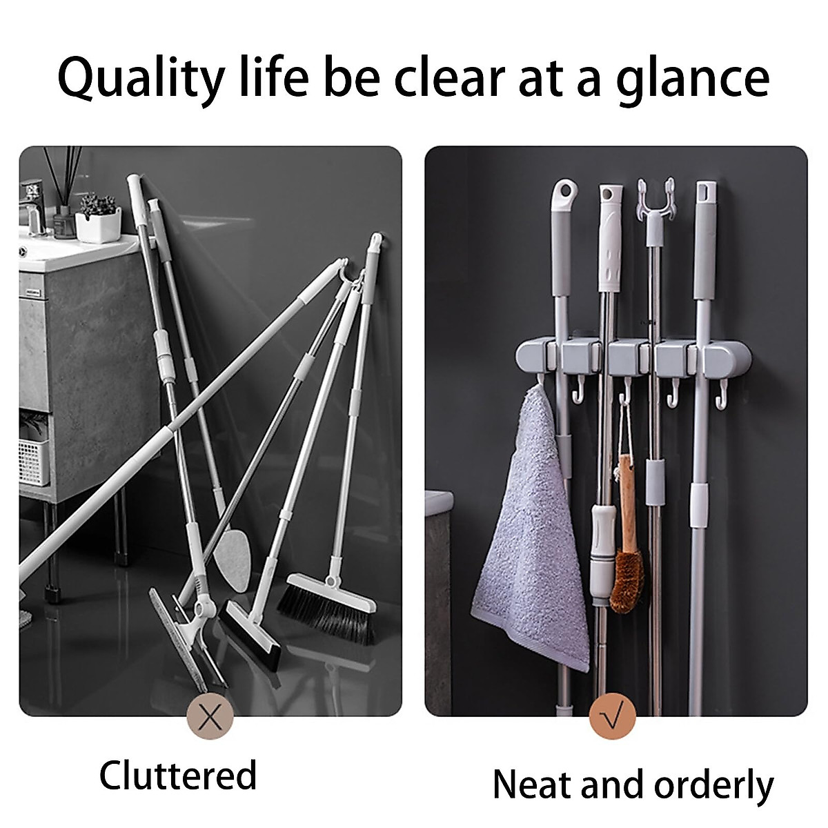 Broom and Mop Holder Wall Mount, 5 Hooks and 4 Slot, Adhesive Garden Tool Rack Organizer for Closet Garage Laundry Room, Anti-Slip Hanger for Brooms, Mops, Rakes, Dustpans, 13 x 2.2 x 1.8 inches
