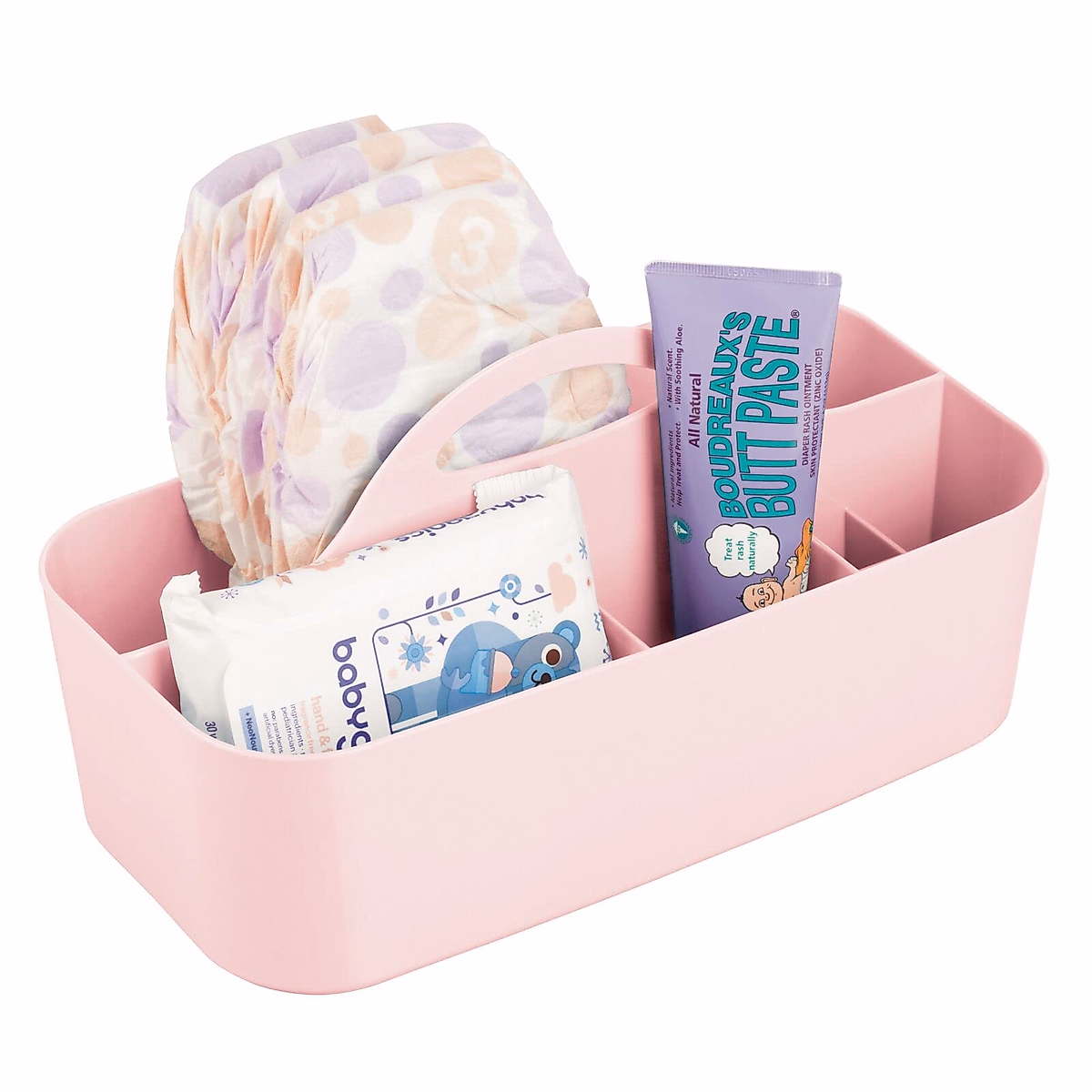 mDesign Plastic Portable Nursery Storage Organizer Caddy Tote - Divided Basket Bin with Handle - Holds Bottles, Spoons, Bibs, Pacifiers, Diapers, Wipes, Baby Lotion - Lumiere Collection - Light Pink