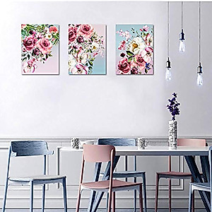 Flower Canvas Wall Art for Bedroom Woman Wall Decor Pink White Flowers Picture 3 Piece Framed Artwork Modern Plant Floral Canvas Prints for Kitchen Home Bathroom Girls Room Wall Decoration 12"x16"