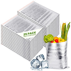 QLOUNI 25 Pcs Reusable Insulation Bags Self-seal Thermal Box Liners Metalized Box Liners Lunch Food Box Packing Pouches Insulation Lining Waterproof Insulation Grocery Delivery Package, 11.8"x13.8"