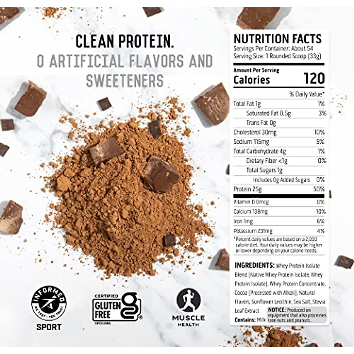 Ascent Native Fuel Whey Protein Powder - Post Workout Whey Protein Isolate, Zero Artificial Ingredients, Soy & Gluten Free, 5.7g BCAA, 2.7g Leucine, Essential Amino Acids, Chocolate 4 lb