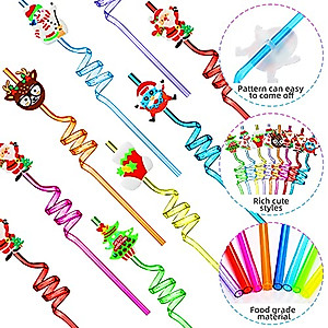 24 Pieces Christmas Drinking Straws with Cartoon Decorations, Christmas Drinking Plastic Straws Reusable, Christmas Party Swirly Straws Beverages Straws for Christmas Birthday Party Favors, 6 Styles