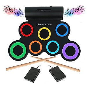 Electronic Drum Set,7 Practice Drum Pads,Roll-up Rechargeable Drum Set with Pedals,Sticks,Built-in Speaker/Headphone Jack, Rainbow Color