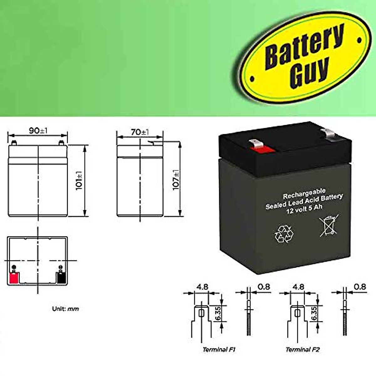 BatteryGuy UB1250 replacement 12V 5Ah SLA battery - BatteryGuy brand equivalent (Rechargeable, F1 Terminals) - Qty of 1