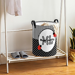 Striped Dots Ladybird Monogram Personalized Laundry Basket Laundry Hamper Clothes Bag Collapsible Tall with Handles,Waterproof,Storage Baskets for Bathroom College Dorm Family Essentials