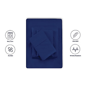 BLC Blue Twin Sheets, Brushed Microfiber Twin Size Egyptian Bedding, Extra Soft Cooling Bed Sheet, Deep Pocket up to 15-inch Mattress, Hypoallergenic Wrinkle, Fade, Shrink Resistant (3 Piece)