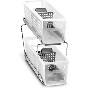 madesmart Mini 2-Tier Organizer, Multi-Purpose Slide-Out Storage with Handles and Dividers for Home and Bath, Frost