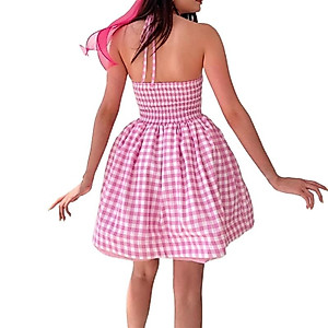 Women Y2k Pink Gingham Dress Backless Plaid Halter Swing Dress Rockabilly Polka Dot Dress 50s Vintage Tea Dress