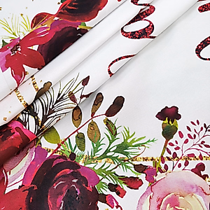 Homewelle Happy Anniversary Backdrop 7Wx5H Feet Polyester Fabric Elegant Burgundy Flower Rose Plant Botanical Decoration Green Leaves Gold Glitter Photography Background Photo Shoot Props