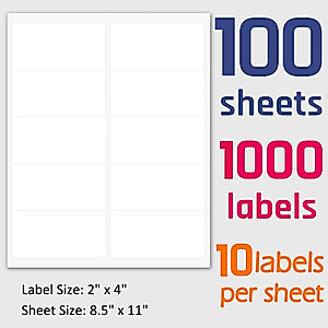 MPRT 2" x 4" Shipping Address Labels 1000 Label Stickers Paper for Laser & Inkjet Printer 10 per Page Printable Mailing Labels - Matte, 100 Sheets
