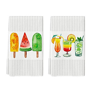 Artoid Mode Stripes Fruit Ice Cream Cocktail Summer Kitchen Towels Dish Towels, 18x26 Inch Seasonal Decoration Hand Towels Set of 2