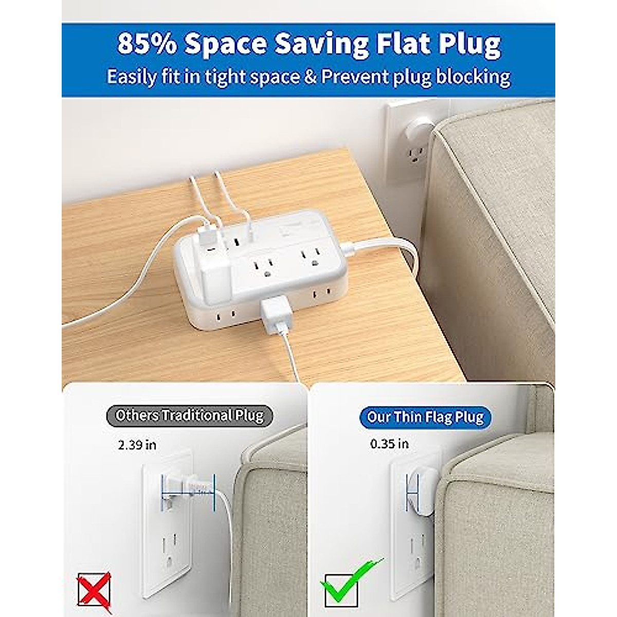 Flat Extension Cord 25 ft, NTONPOWER 2-Side Outlet Extender Surge Protector Power Strip with 6 Outlets 4 USB Ports, Mounted, Overload Protection for Indoor, Home, Office, Dorm Room Essentials