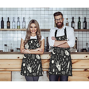 EKOBLA Magical Witchcraft Aprons Hand Eyes Moon Skull Cat Bat Snake Dagger Mushroom Key Waterproof Resistant Chef Cooking Kitchen BBQ Adjustable Aprons for Women Men 27x31 Inch