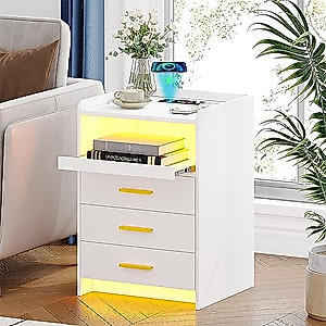 Gurexl RGB Nightstand with Wireless Charging Station, Auto Sensor LED 24 Color Dimmable Night Stand for Bedroom, Modern Bedside Table with 3 Drawers